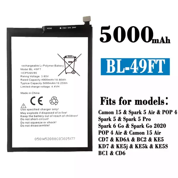 New phone battery BL-49FT for Tecno Camon 15 /Camon 15 Air/ Spark 5 Air ...
